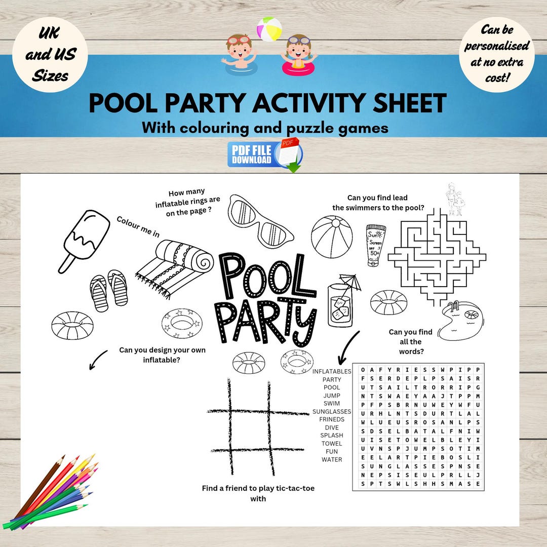 Pool Party Activty Placemat, Kids Pool Games, Colouring Sheet ...