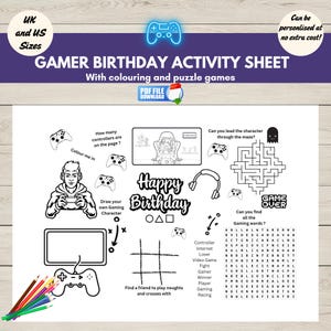 Gamer Birthday Party Activity Printable Placemat, Gaming Activity ...