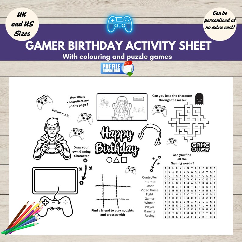 Gamer Birthday Party Activity Printable Placemat, Gaming Activity ...
