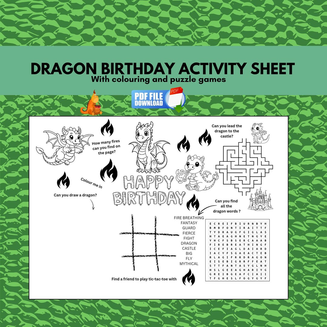 Dragon Birthday Party Activity Sheet, Dragons Coloring Page, Printable ...