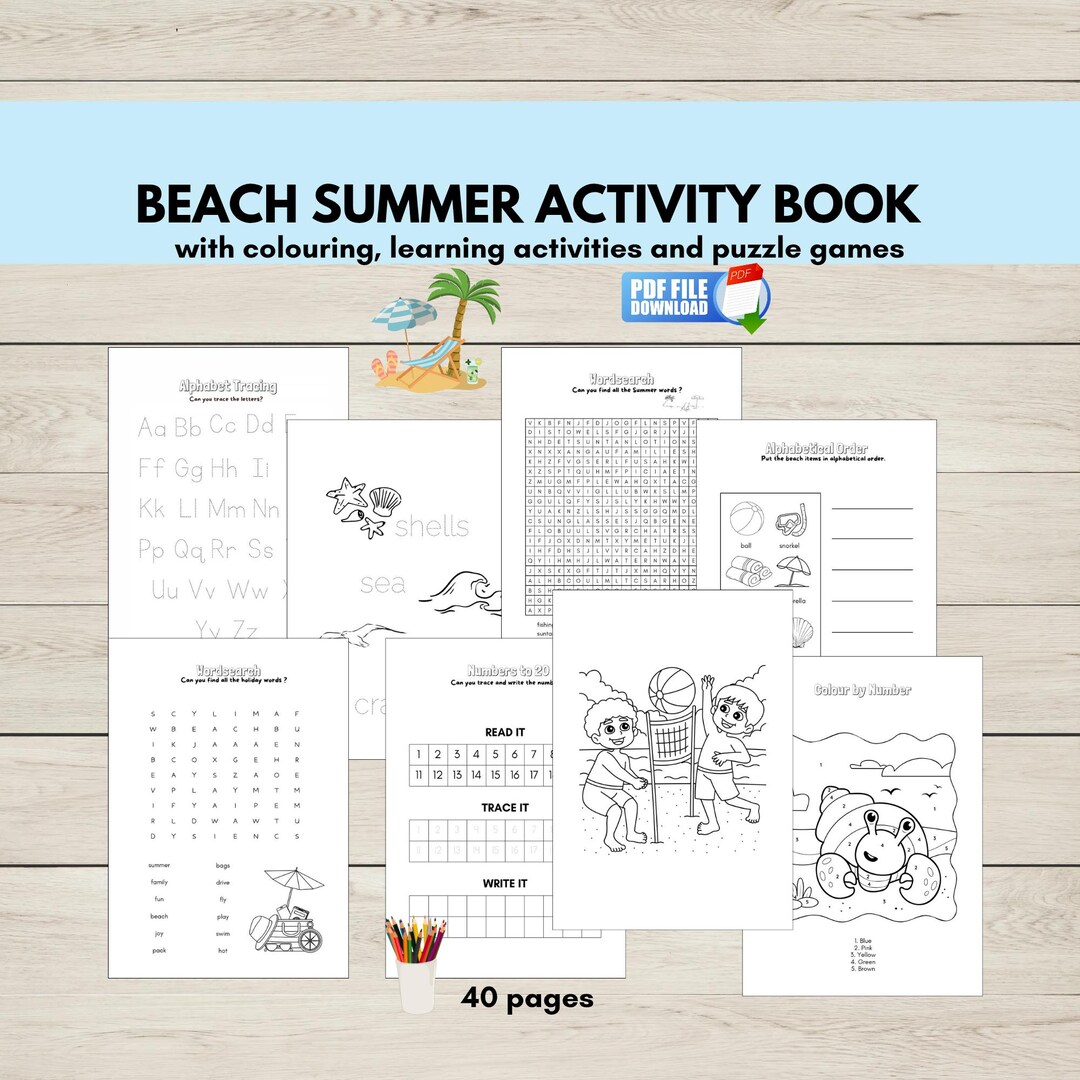 Printable Beach Summer Activities, Kids Travel Activity Book Printable ...