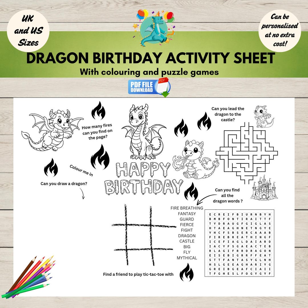 Dragon Birthday Party Activity Sheet for Kids, Kids Coloring Page ...