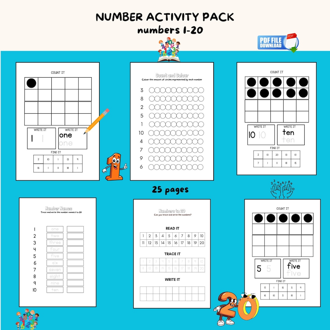 Number Worksheets, Counting Activity, Learn Numbers 1-20, Kindergarten ...