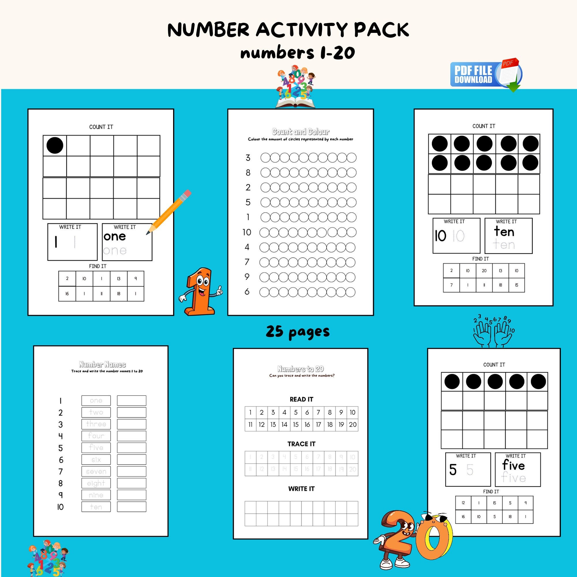 Number Worksheets, Counting Activity, Learn Numbers 1-20, Kindergarten ...