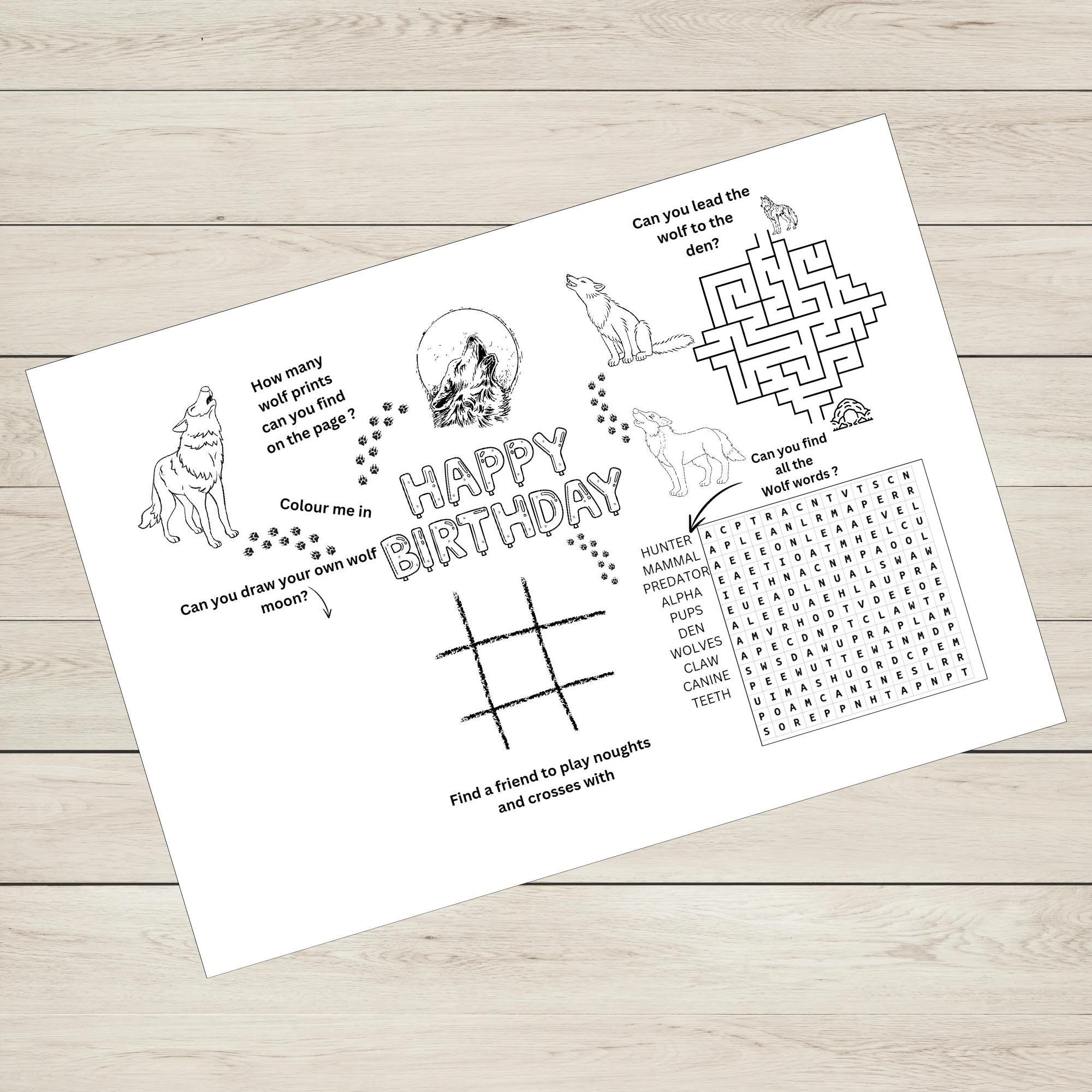 Wolf Birthday Party Activity Sheet, Wolves Printable Placemat, Kids ...