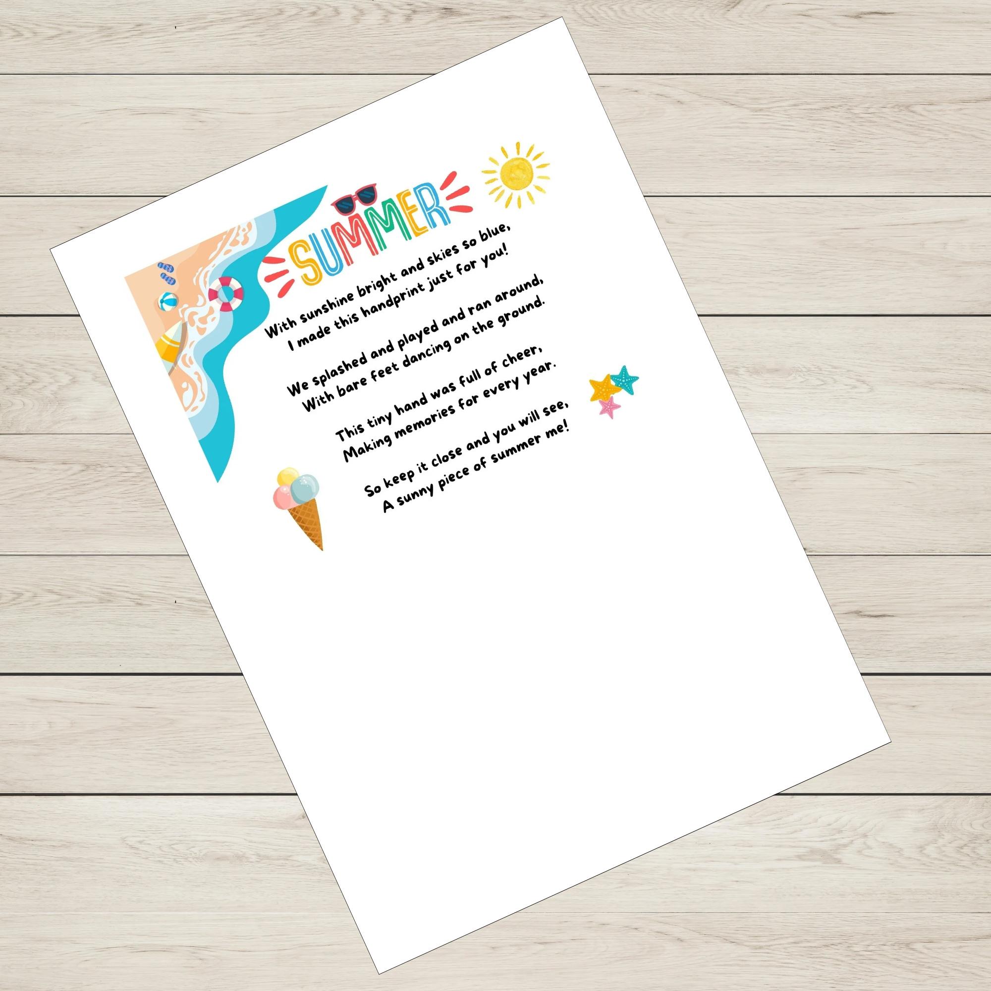 Summer Handprint Craft With Poem, DIY Printable Gift for Parents, End ...