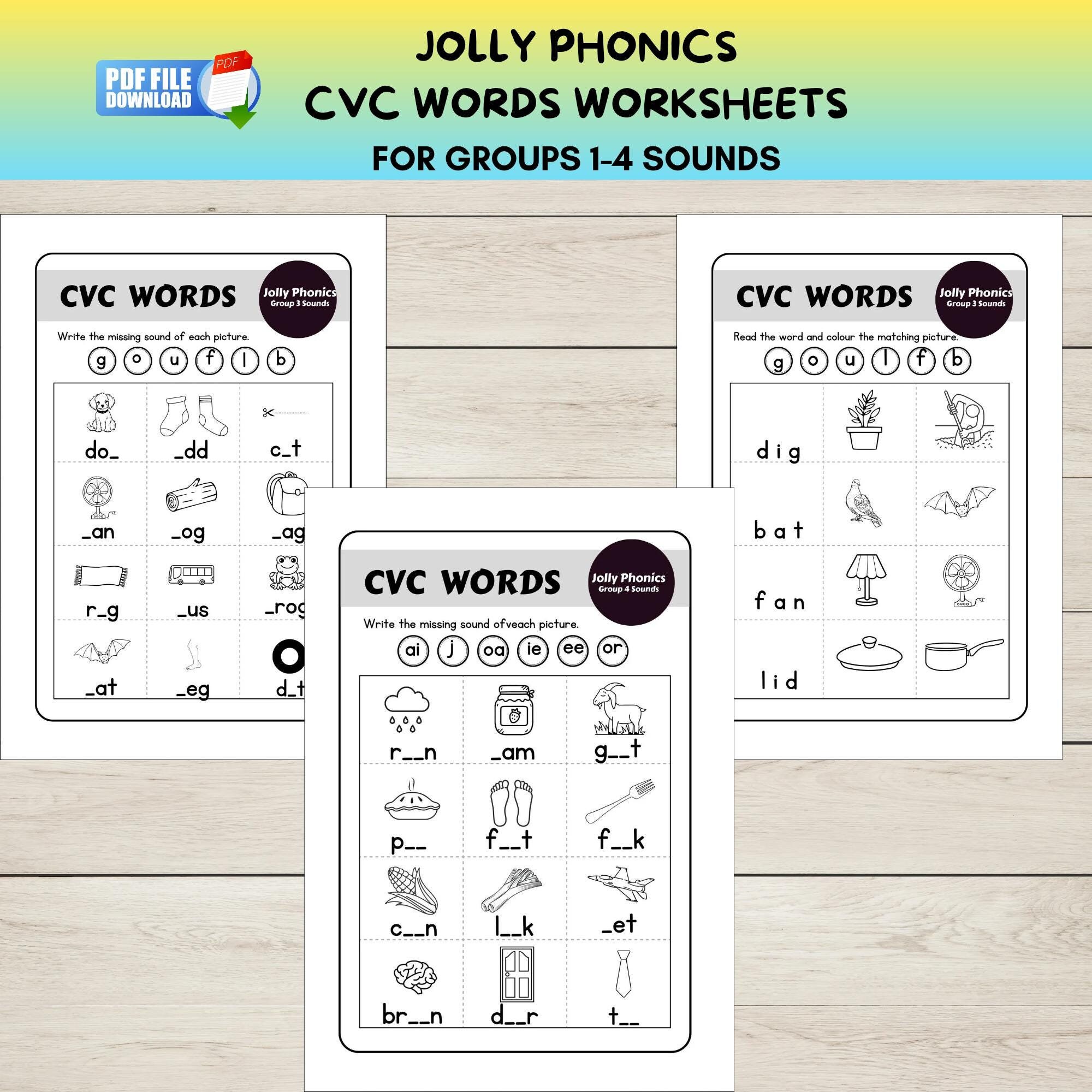 Jolly Phonics CVC Words Worksheets, Groups 1-4, Literacy Activity ...