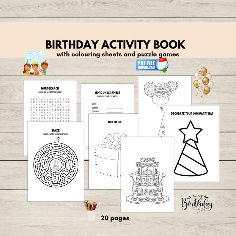 Birthday Activity Book for Kids, Printable Kids Birthday Party Favor ...