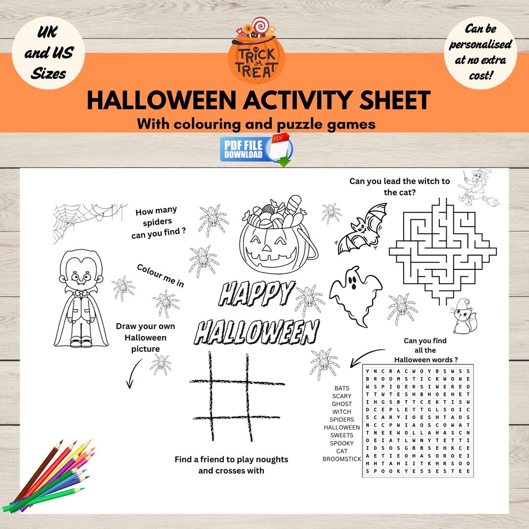 Kids Printable Halloween Activity Placemat, Halloween Activity Sheet ...