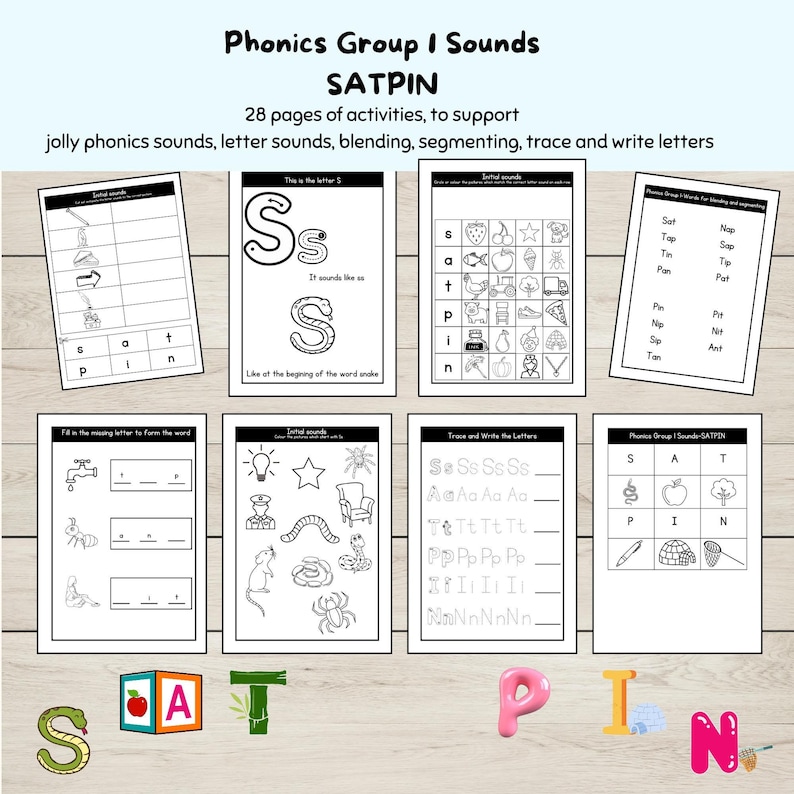 SATPIN Worksheets, Letter Sounds, CVC Words, Printable Group 1 Jolly ...