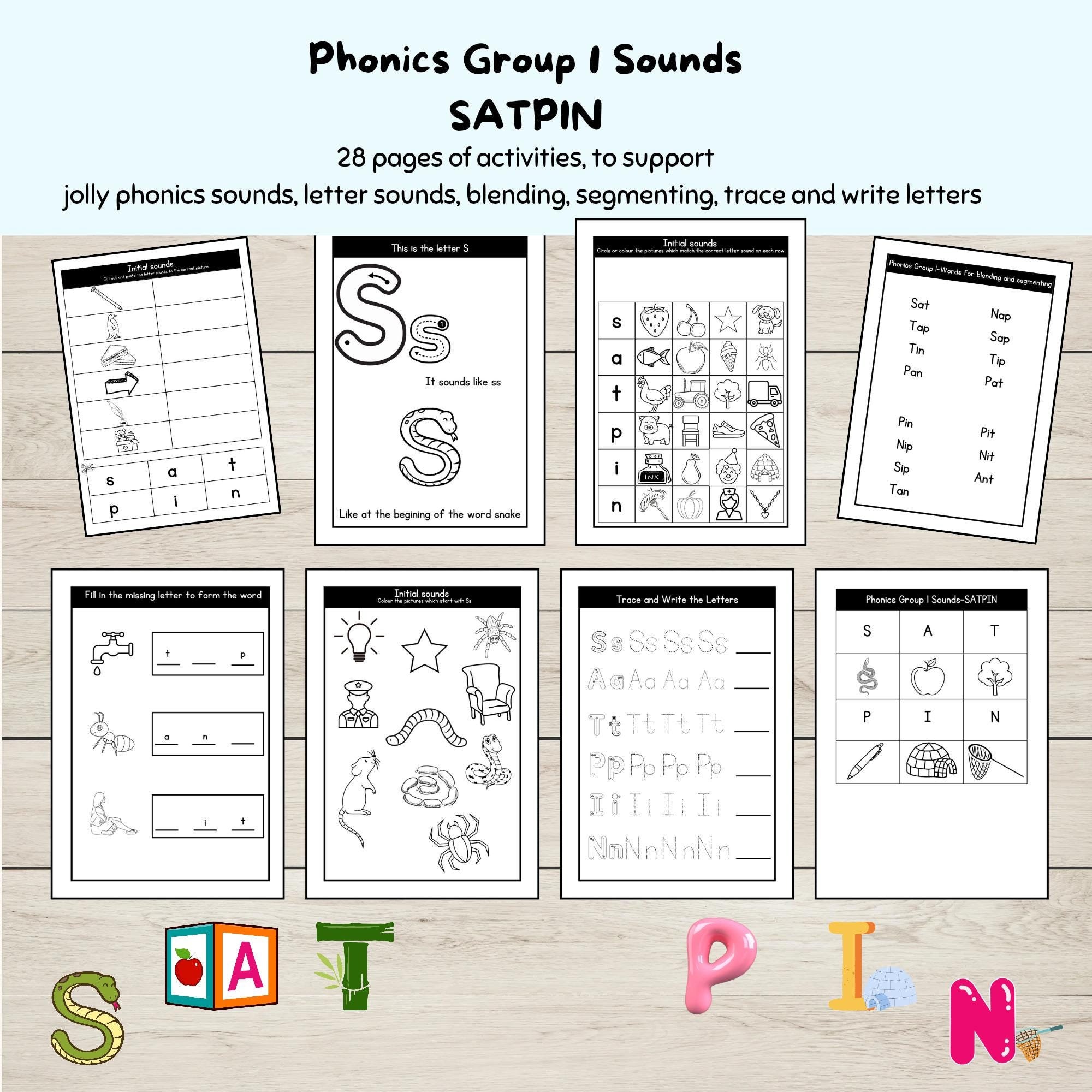 SATPIN Worksheets, Letter Sounds, CVC Words, Printable Group 1 Jolly ...