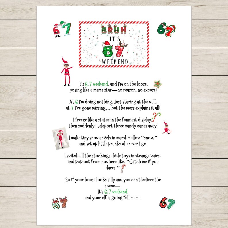 Printable Elf Sign With 'bruh Its '6, 7' Weekend' Poem, Funny Six Seven ...
