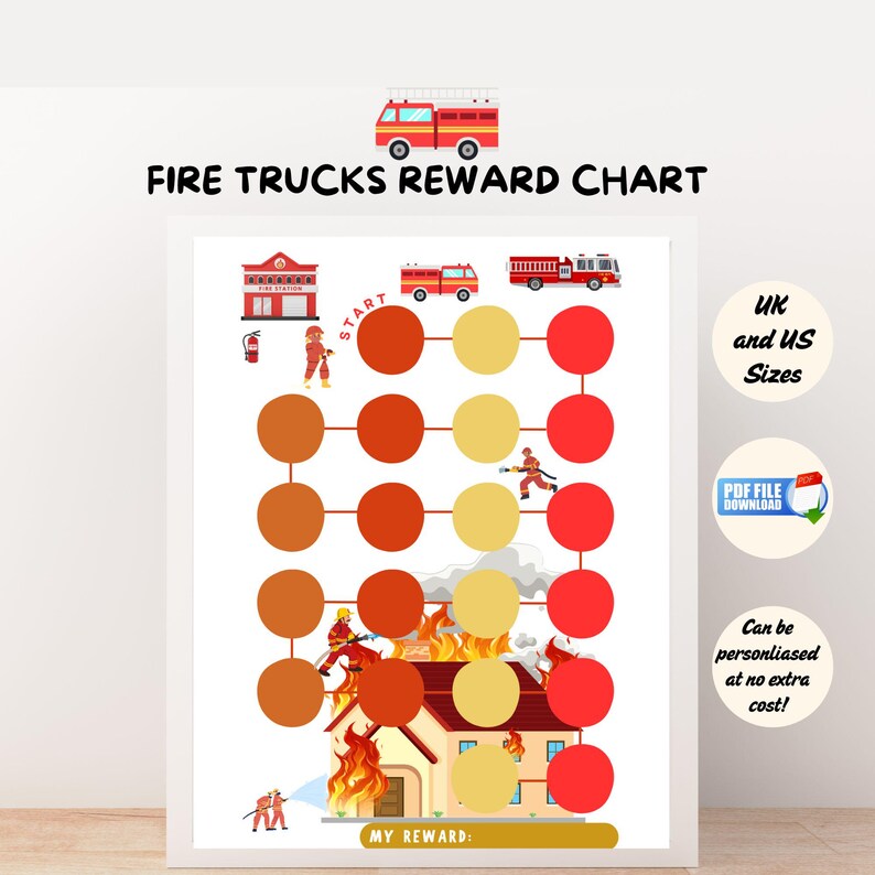 Fire Trucks Reward Chart Printable for Kids, Firefighter Behavior Chart ...