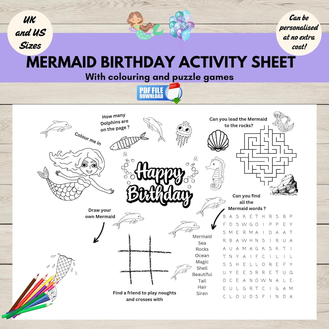 Mermaid Birthday Activity Sheet PDF, Mermaids Printable Placemat, Kids ...