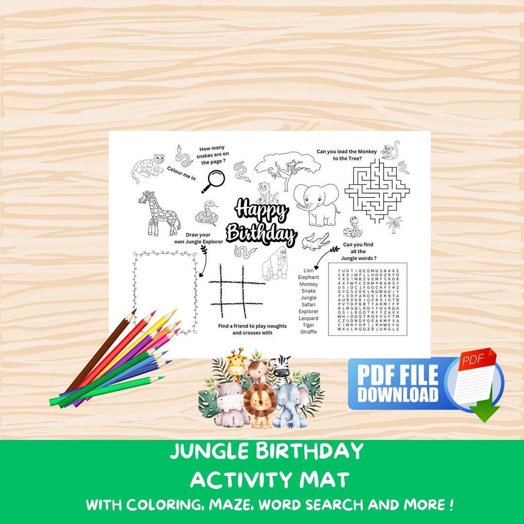 Jungle Animals Activity Place Mat, Safari Coloring Sheet, Kids Birthday ...