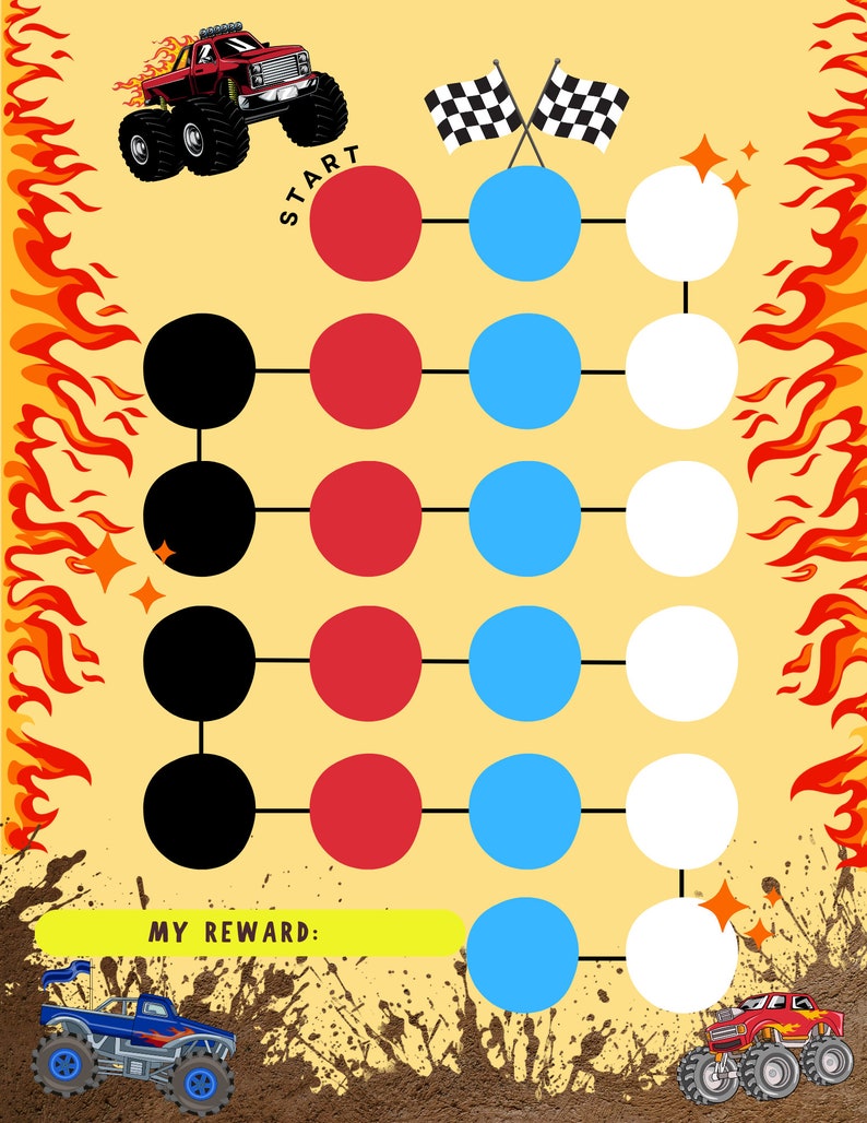 Monster Trucks Reward Chart Printable, Big Cars Sticker Behaviour Chart ...