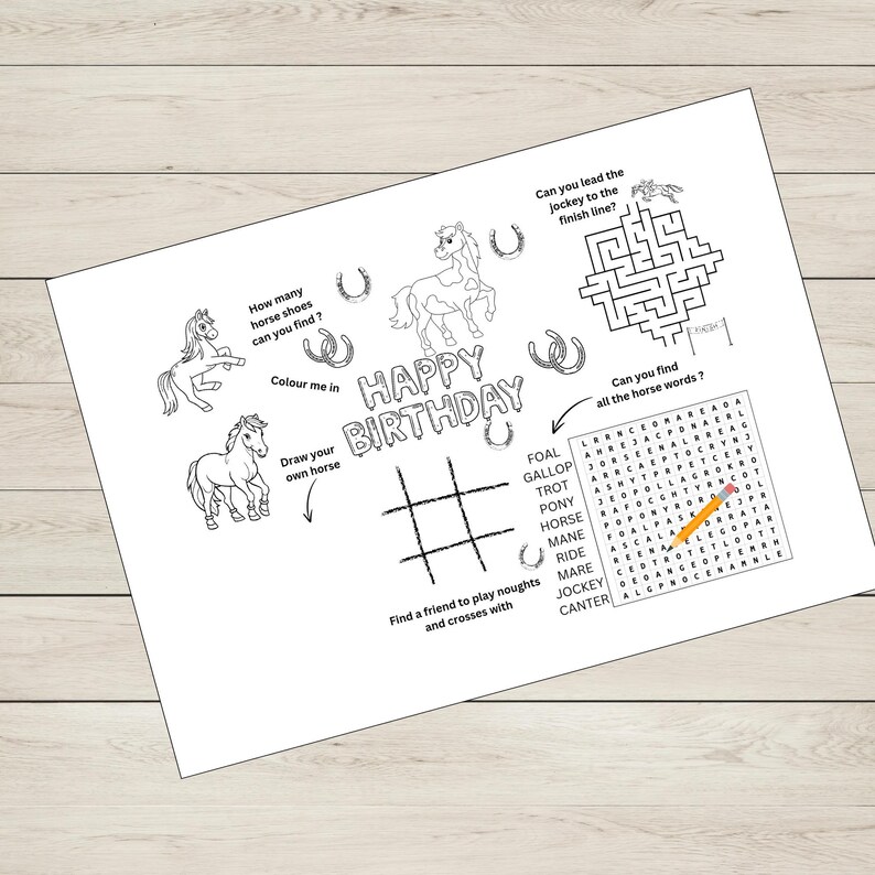 Horse Birthday Party Activity Sheet for Kids Printable, Coloring ...
