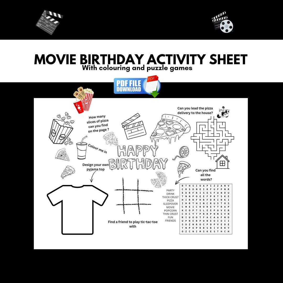 Movie Night Birthday Activity Sheet, Pizza Popcorn Printable Placemat ...