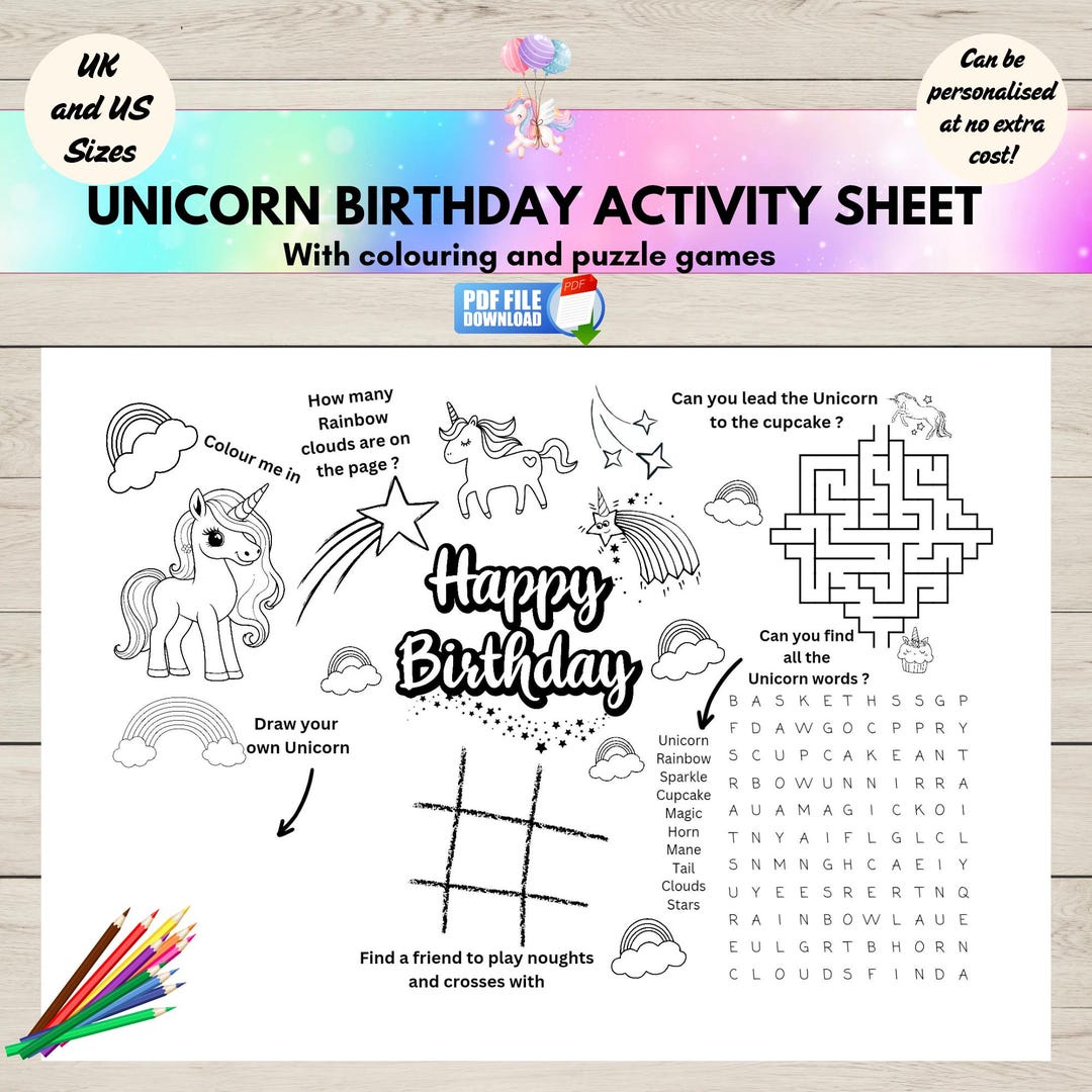 Unicorn Birthday Party Printable, Unicorn Birthday Activity Sheet, Kids ...