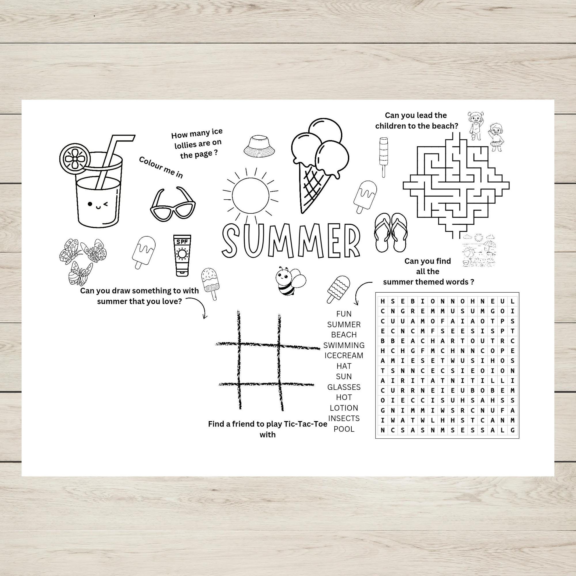 Summer Activity Games Sheet Printable, Kids Summer Themed Coloring Page ...