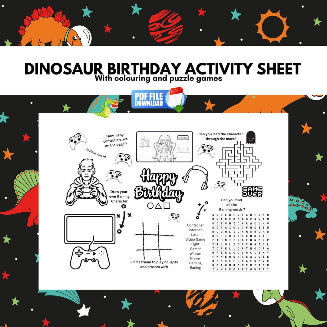 Dinosaur Birthday Party Activity Sheet, Dinosaur Colouring Page, Dino ...