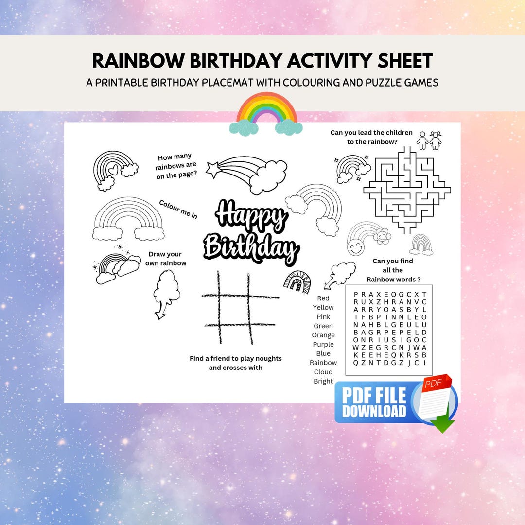 Rainbow Birthday Activity Mat Printable, Rainbows Coloring Sheet ...