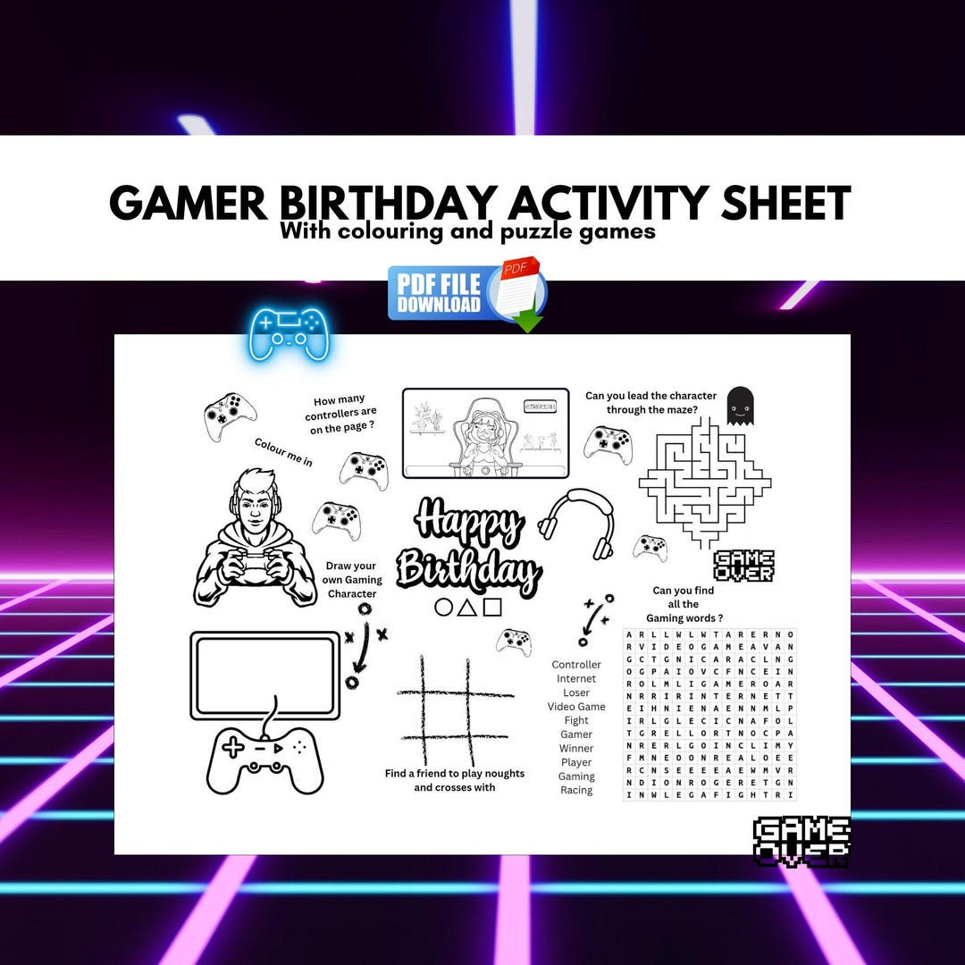 Gamer Birthday Party Activity Printable Placemat, Gaming Activity ...