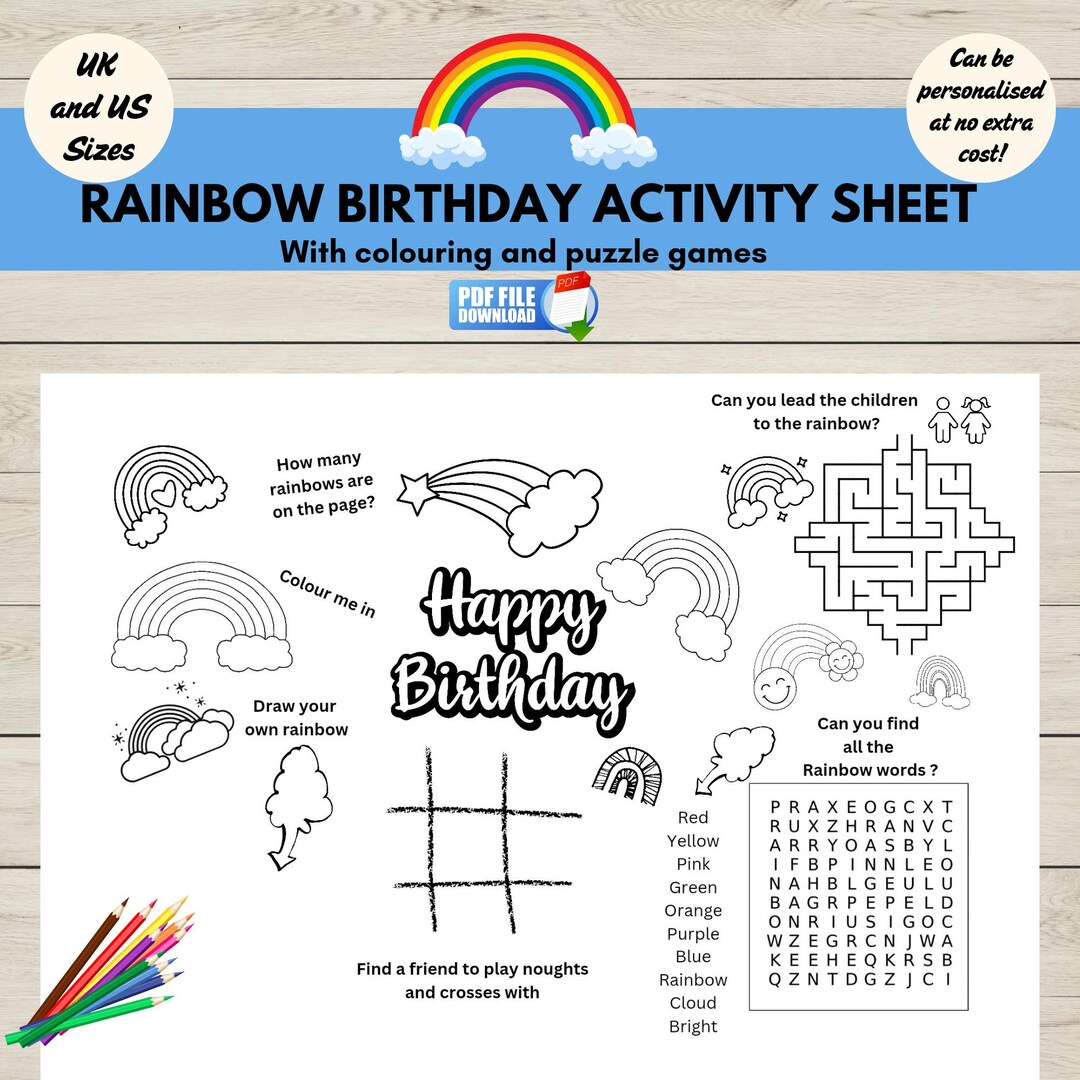 Rainbow Birthday Party Activity Sheet, Kids Rainbow Printable Party ...