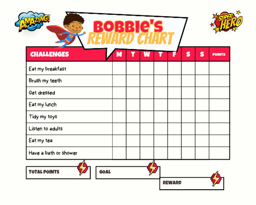 Personalised Superhero Reward Chart, Kids Printable Behaviour Reward ...