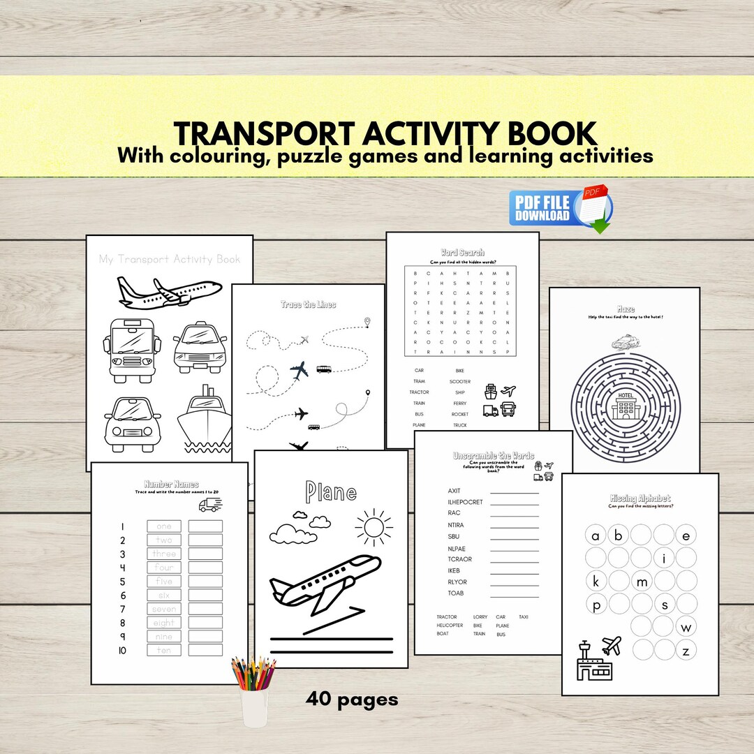 Transport Activity Book for Kids, Transport Colouring Pages, Vehicle ...