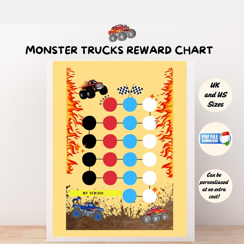 Printable Monster Truck Reward Chart, Big Cars Sticker Behaviour Chart ...