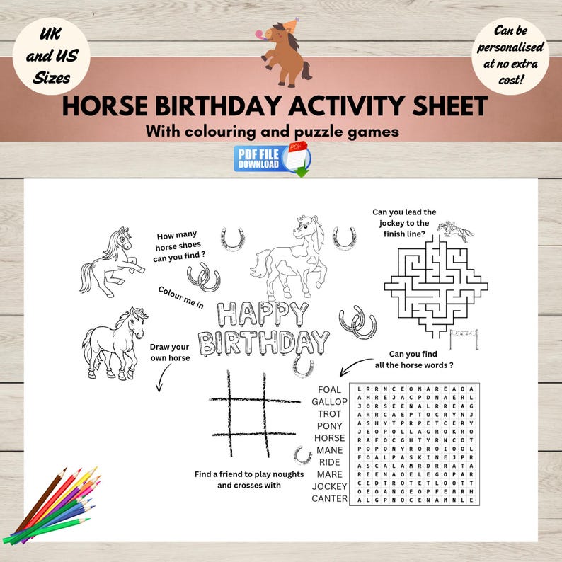 Horse Birthday Party Activity Printable Placemat, Horse Themed Activity ...