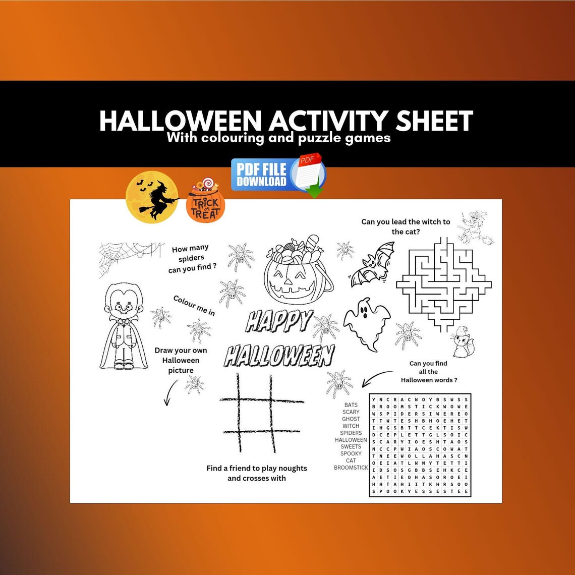 Kids Printable Halloween Activity Placemat, Halloween Activity Sheet ...