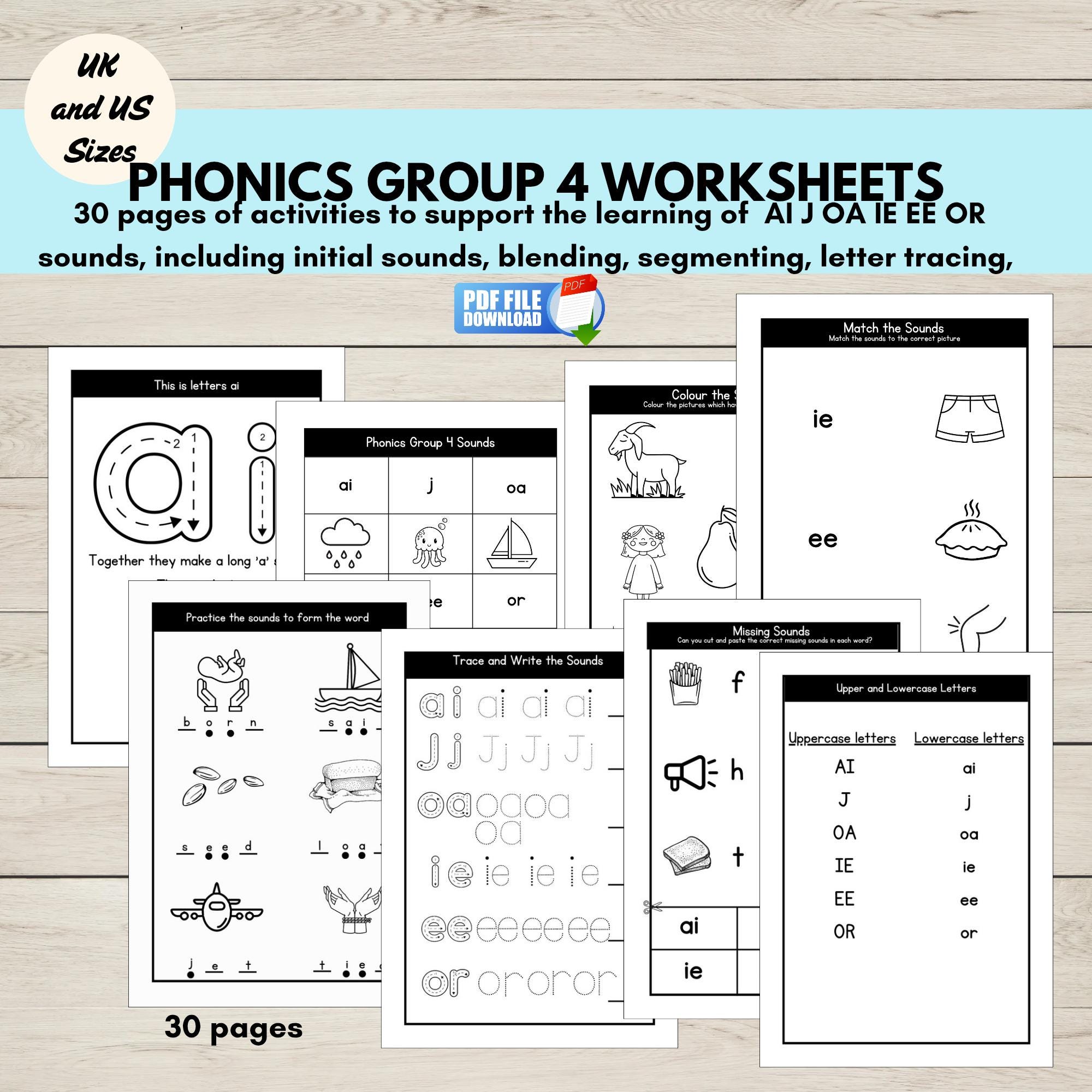 Phonics Group 4 Worksheets Printable PDF, Ai J Oa Ie Ee or Letter ...
