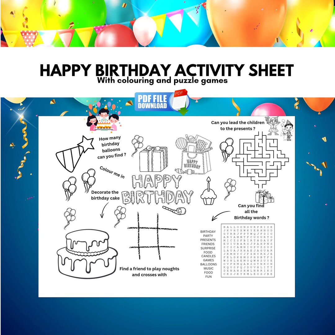 Happy Birthday Printable Activity Placemat, Kids Party Favor, Birthday ...