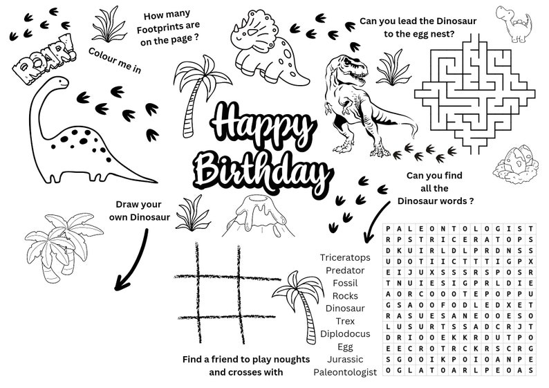 Dinosaur Birthday Activity Placemat, Dinosaur Colouring Page, Printable ...