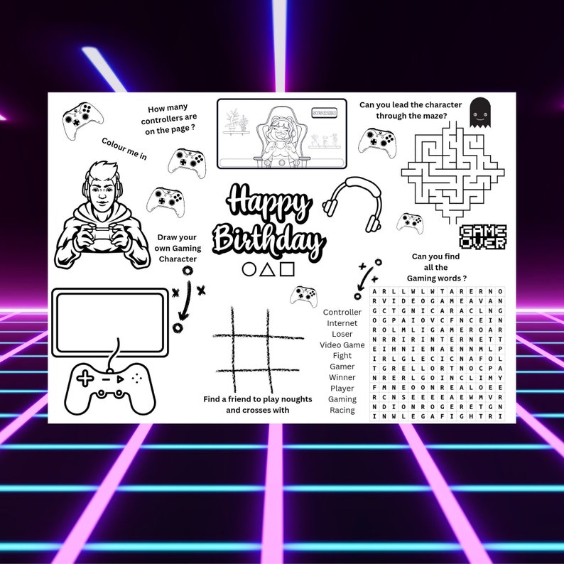 Gamer Birthday Party Activity Printable Placemat, Gaming Activity ...