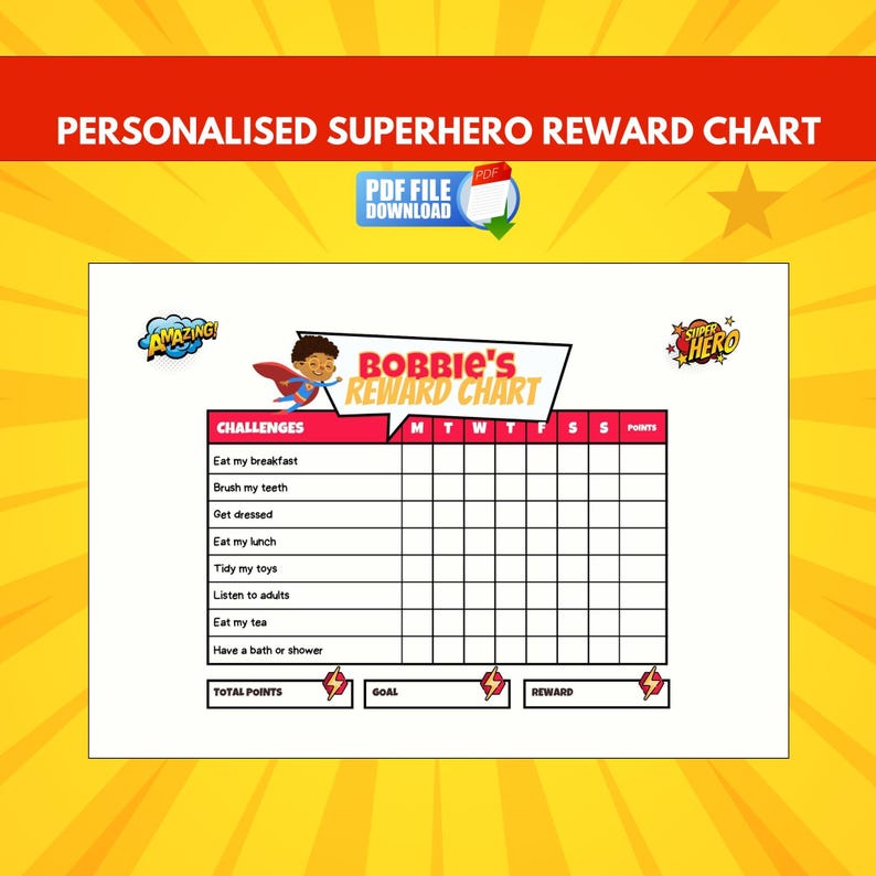Personalised Superhero Chore Chart, Kids Printable Behaviour Reward ...