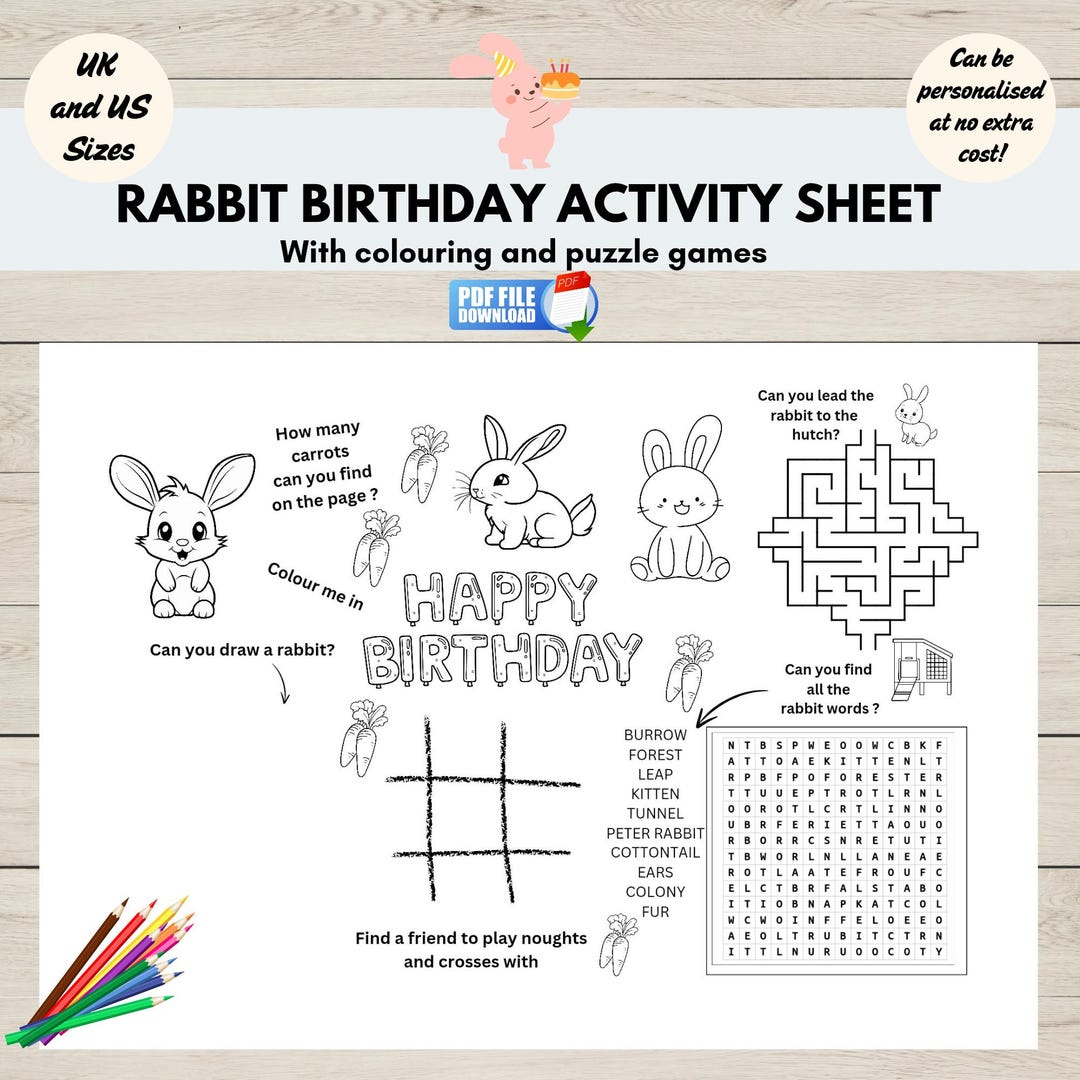 Rabbit Birthday Activity Sheet, Rabbits Coloring Page, Kids Printable ...
