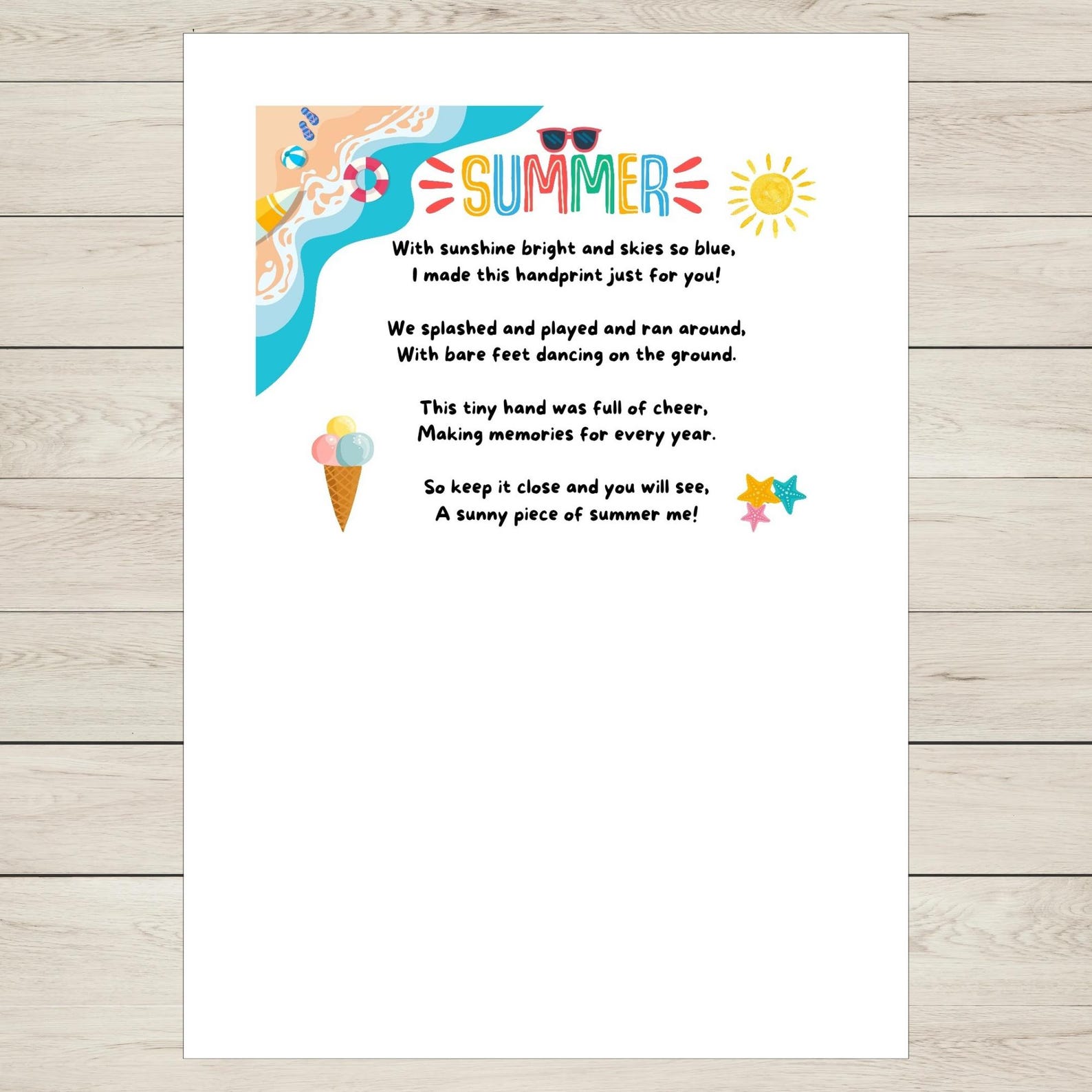 Summer Handprint Craft With Poem, DIY Printable Gift for Parents, End ...