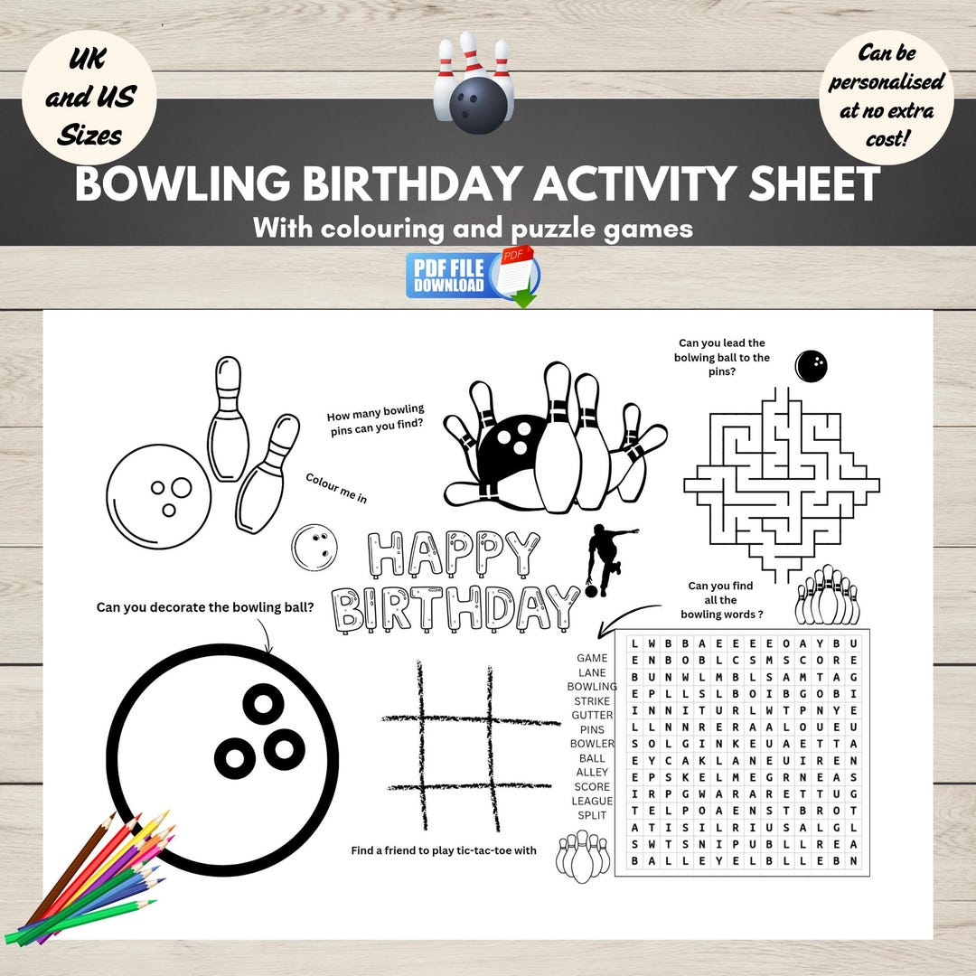Bowling Party Activity Sheet, Printable Kids Birthday Games, Bowling ...