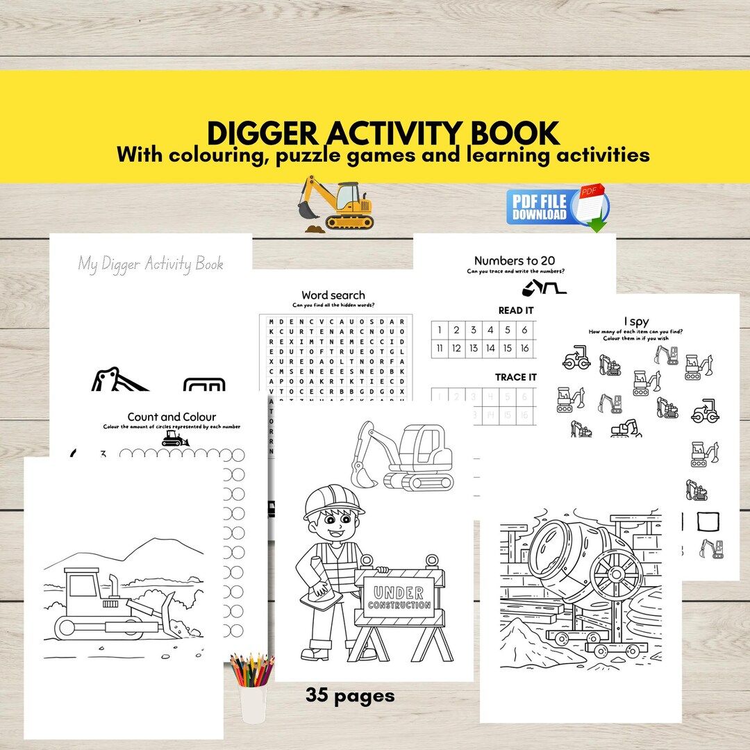 Digger Activity Book for Kids Printable, Construction Coloring Pages ...