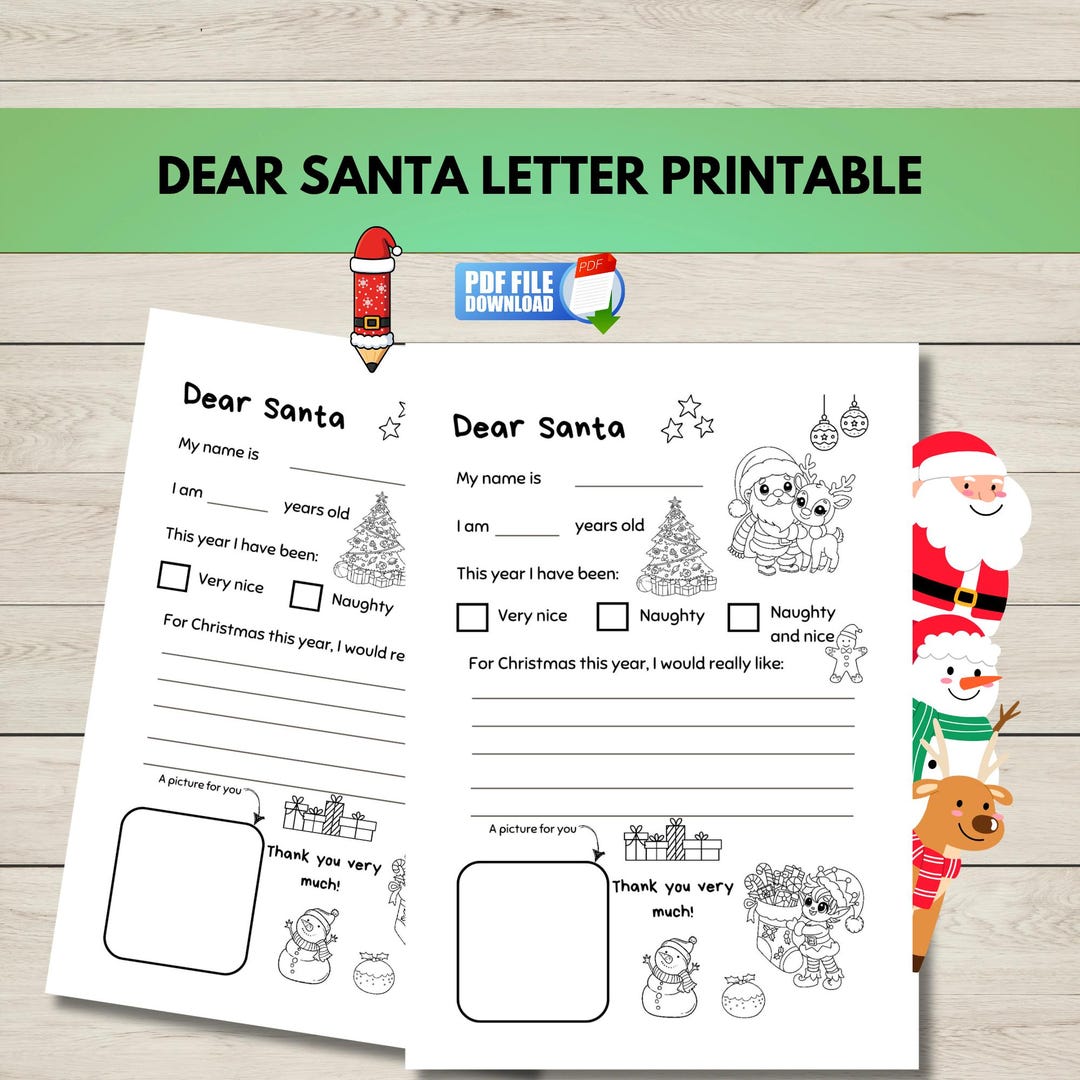 Dear Santa Letter Coloring Page PDF, Printable Christmas Wish List ...