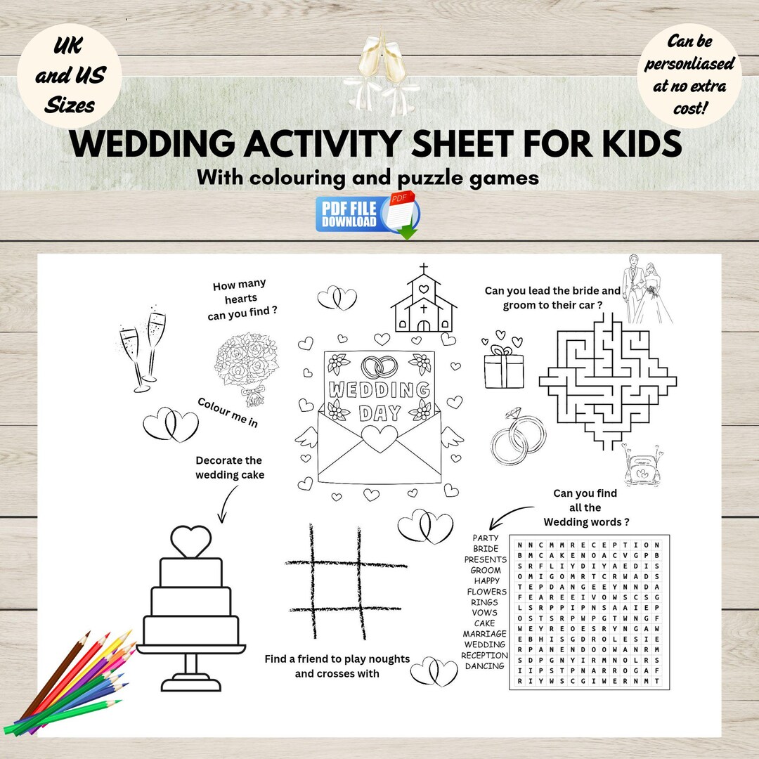 Kids Wedding Activity Placemat Printable, Coloring, Maze, Word Search ...