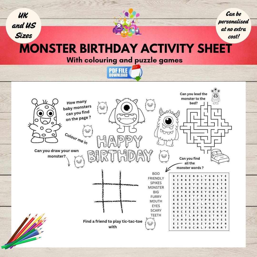 Monster-themed Birthday Activity Sheet, Printable Party Table Fun for ...