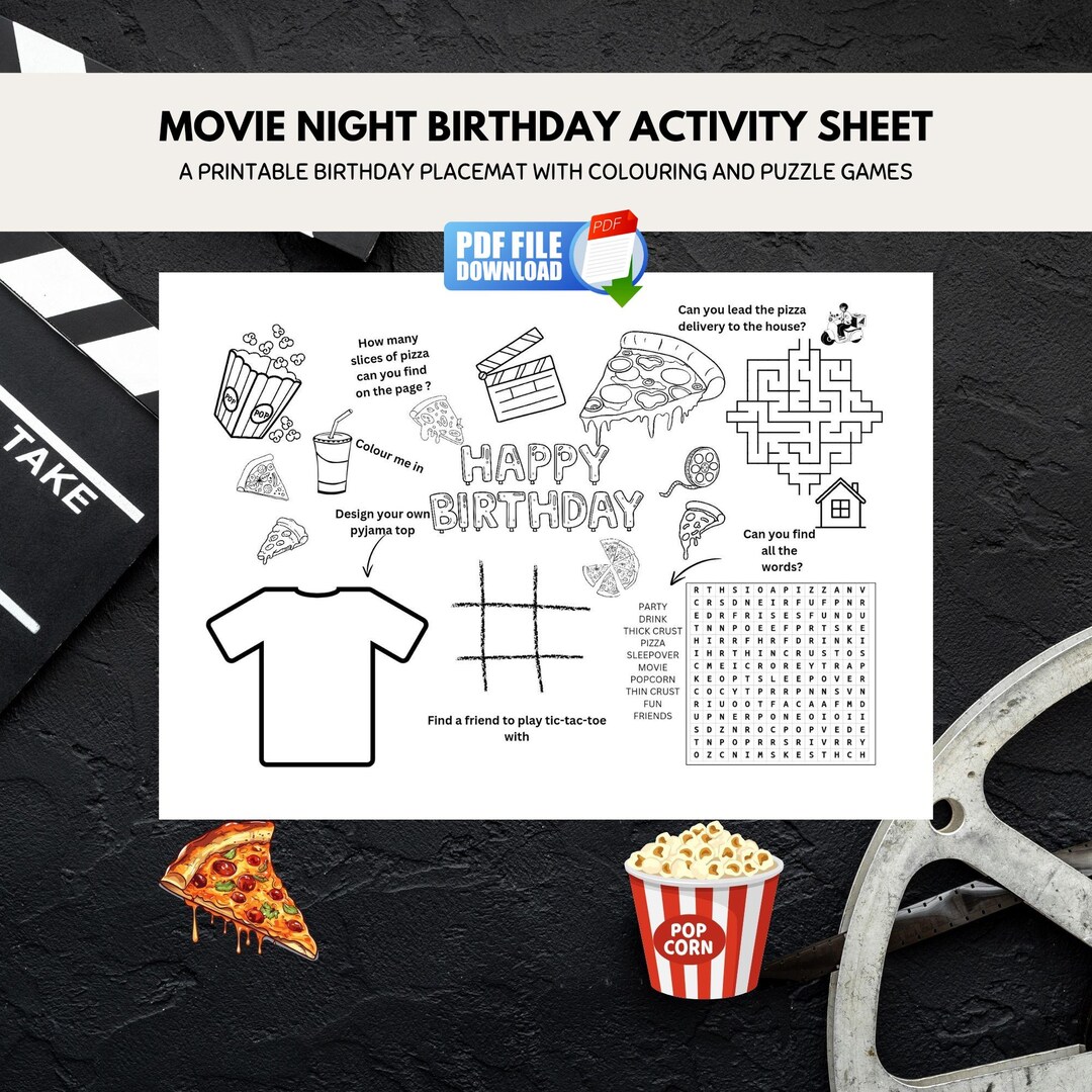 Movie Night Birthday Activity Sheet, Printable Pizze Popcorn Placemat ...