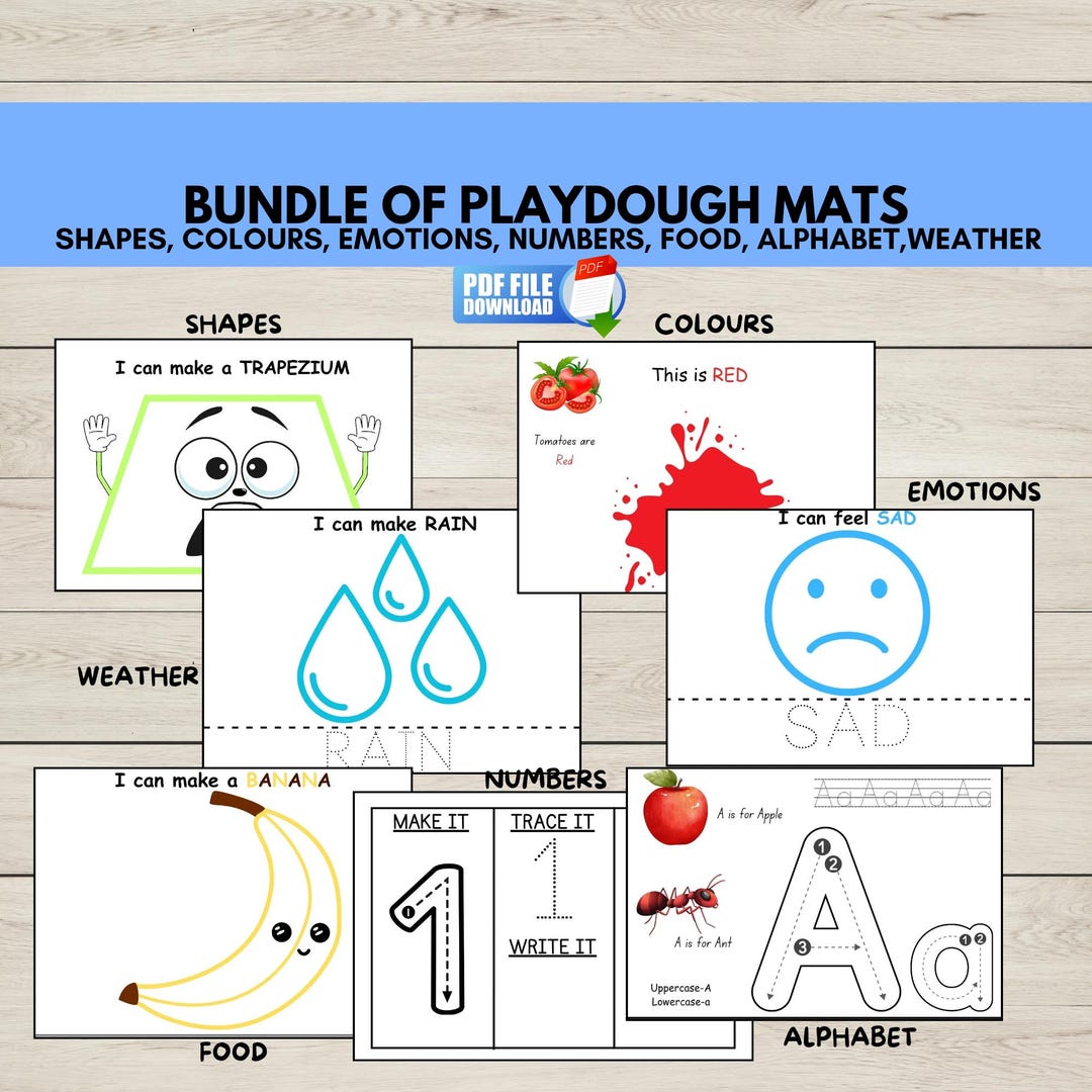 Play Dough Mats Activity Pack, Colors Shapes Numbers ABC Food Weather ...