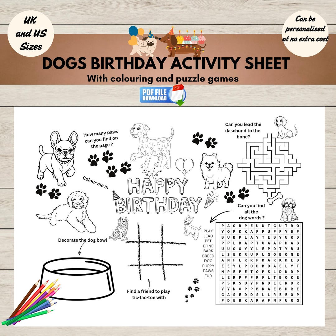 Dogs Birthday Activity Coloring Sheet for Kids Printable, Kids Fun Dog ...