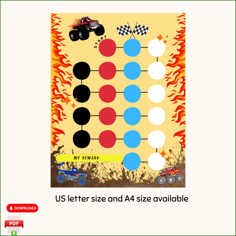 Printable Monster Truck Reward Chart, Big Cars Sticker Behaviour Chart ...