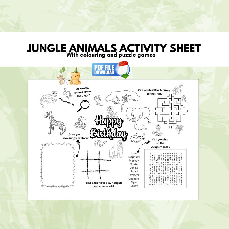 Jungle Animals Birthday Activity Placemat, Safari Coloring Sheet, Kids ...